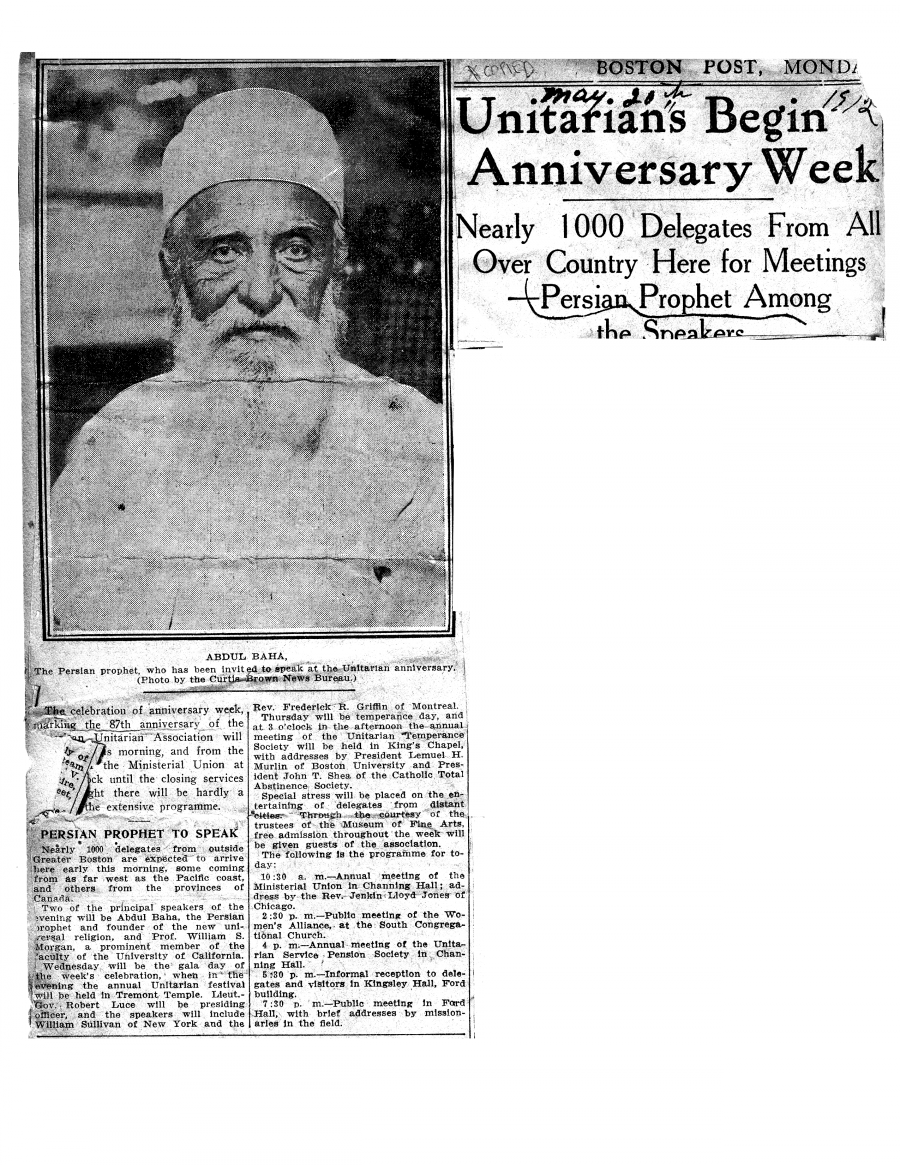 Unitarians Begin Anniversary Week | 'Abdu'l-Bahá in America